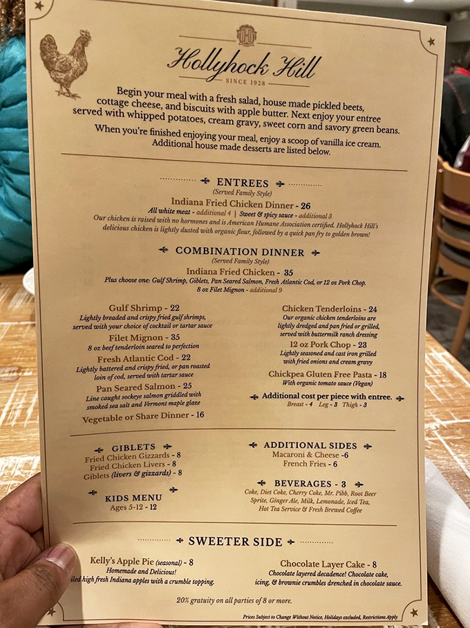 This menu isn't just a list of options&mdash;it's a historical document of Indiana culinary traditions that have stood the test of time.