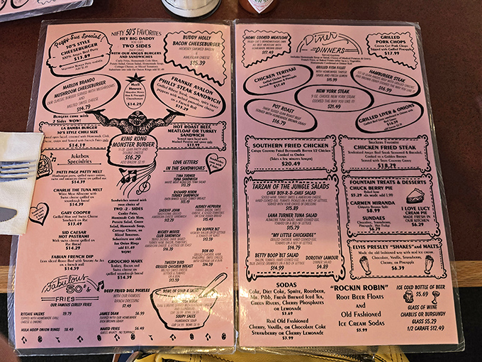 This pink menu isn't just a food list&mdash;it's a time machine disguised as a placemat, offering everything from "Buddy Holly Burgers" to "Elvis Presley Shakes."