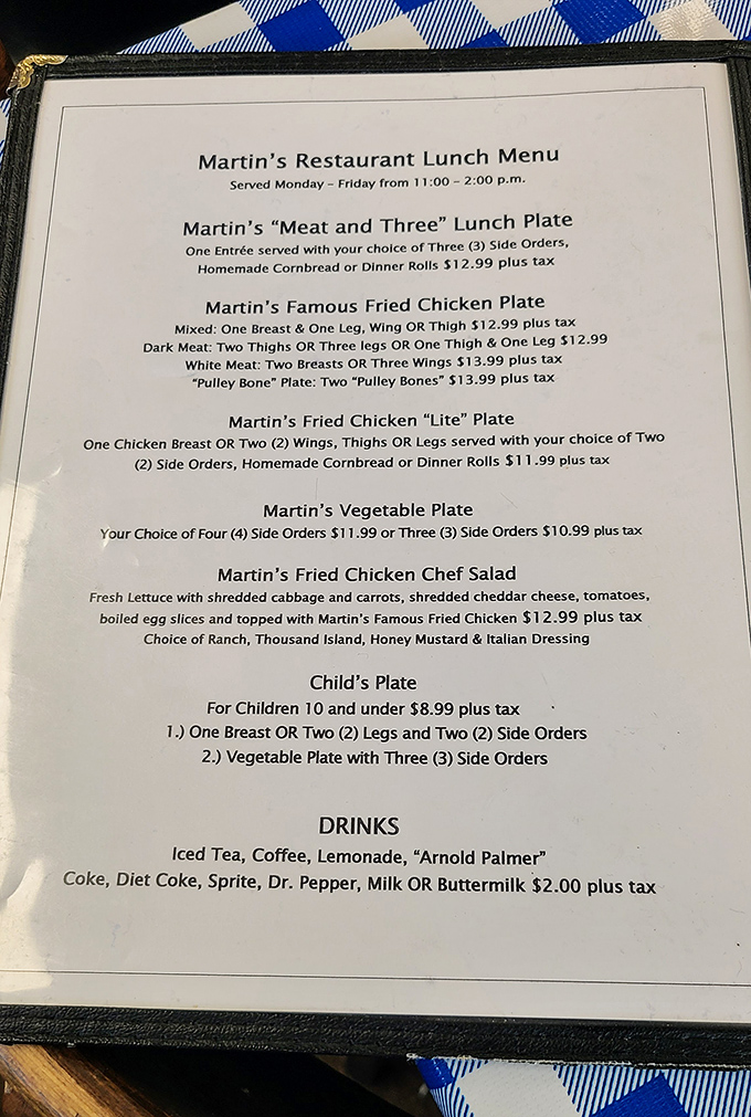 Martin's straightforward menu doesn't mince words &ndash; it's all about that famous fried chicken and the beloved "meat and three" tradition.