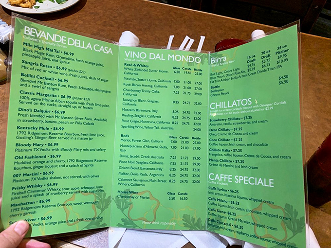 The drink menu reveals the true Italian philosophy: life's too short for boring beverages. From sangria to espresso, hydration is never an afterthought.