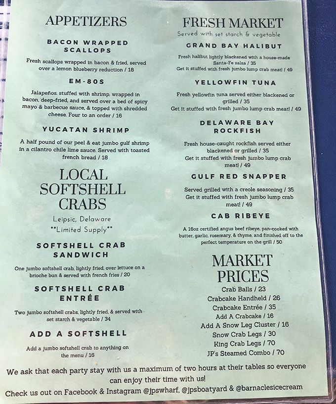 This isn't just a menu&mdash;it's a maritime treasure map. Each item promises a delicious adventure, from bacon-wrapped scallops to local softshell crabs from Leipsic.
