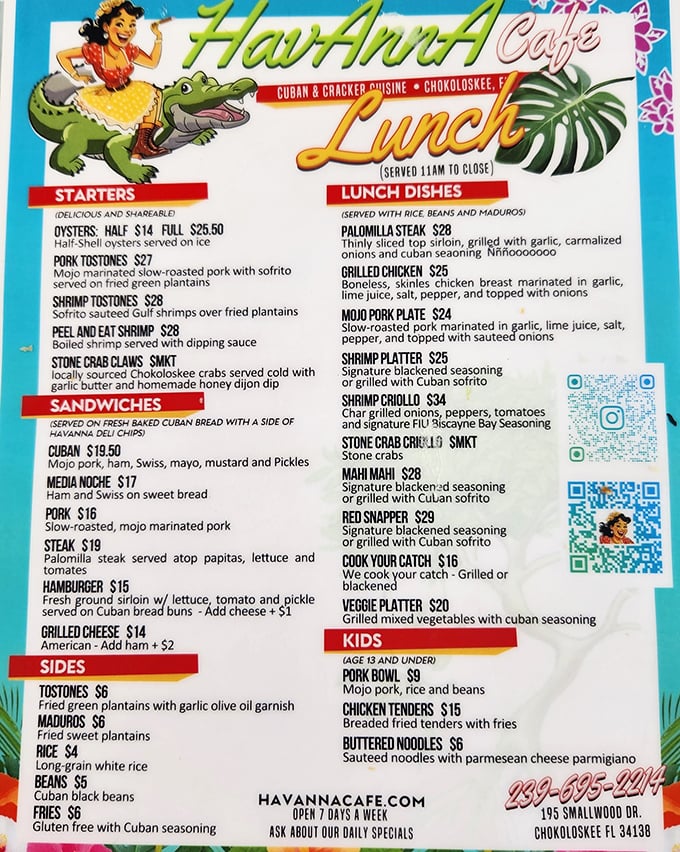 Wait, this appears to be a menu from Havana Cafe in Chokoloskee, not City Seafood. Different spot, equally tempting Florida fare!