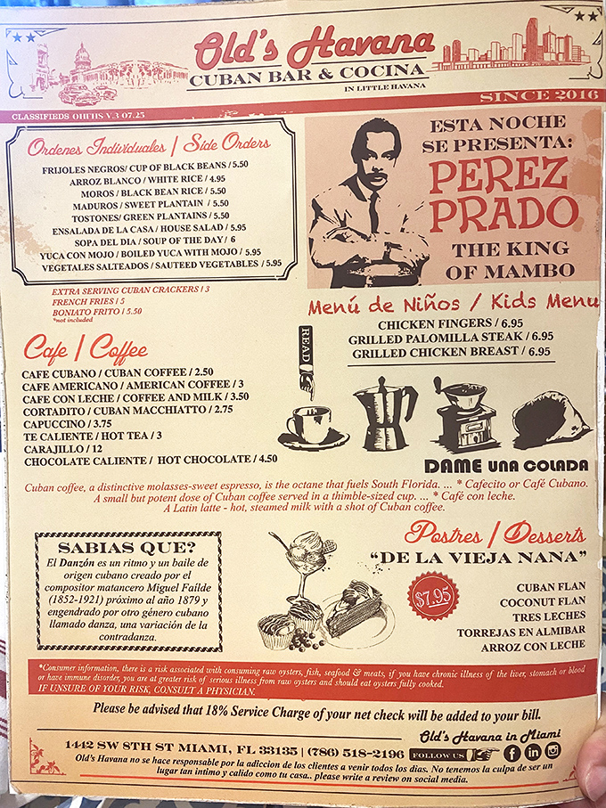 The menu reads like a love letter to Cuban cuisine, with Perez Prado watching approvingly from the corner&mdash;even the King of Mambo gets hungry.