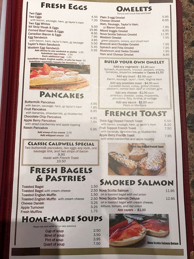 The menu reads like a love letter to breakfast classics, with the french toast section quietly stealing the spotlight from its pancake neighbors.