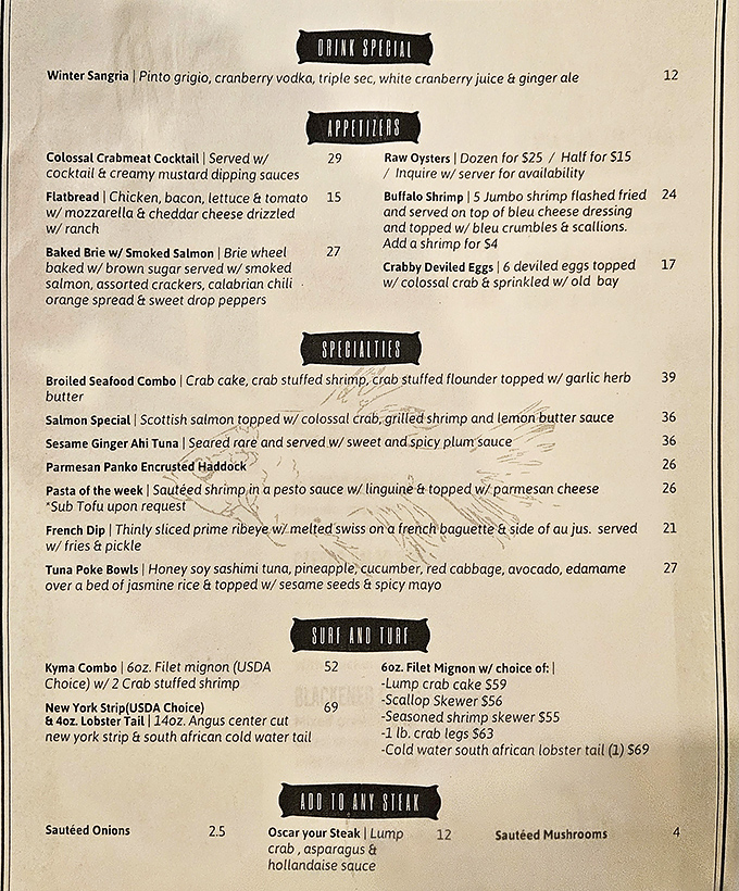 This menu isn't just a list of dishes - it's a maritime treasure map where X marks the spot for those legendary crab legs everyone's talking about.