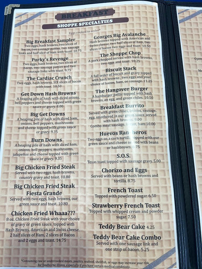 Menu names like "Chicken Fried Whaaa???" prove someone here has a sense of humor about their seriously generous portions.
