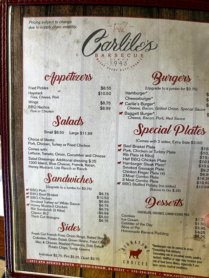 The menu tells the story: straightforward Southern classics with barbecue as the undisputed star. No fusion confusion here, just time-tested favorites.