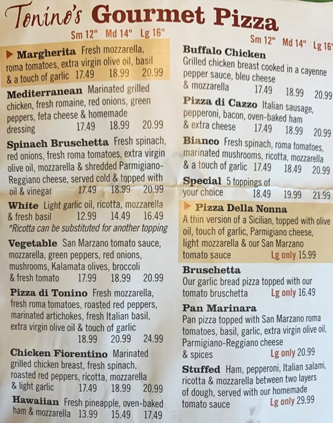 A menu that doesn't need fancy fonts or flowery descriptions&mdash;just honest ingredients and combinations that have stood the test of time. Pizza poetry in list form.