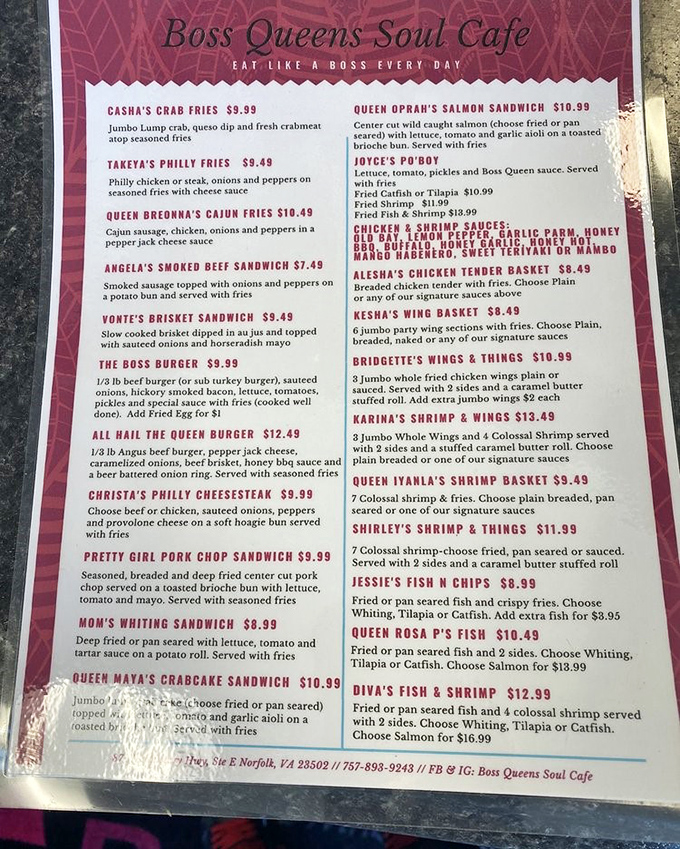 A menu where every dish honors a queen, because soul food this good deserves nothing less than royal recognition.