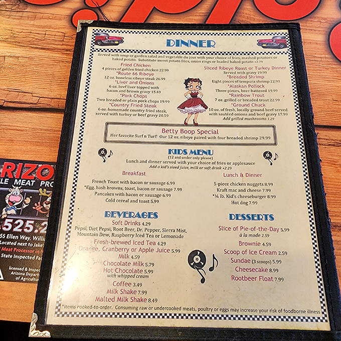 The menu reads like a love letter to classic Americana &ndash; Betty Boop specials, Route 66 Ribeye, and malted milkshakes that would make Archie and Jughead swoon.