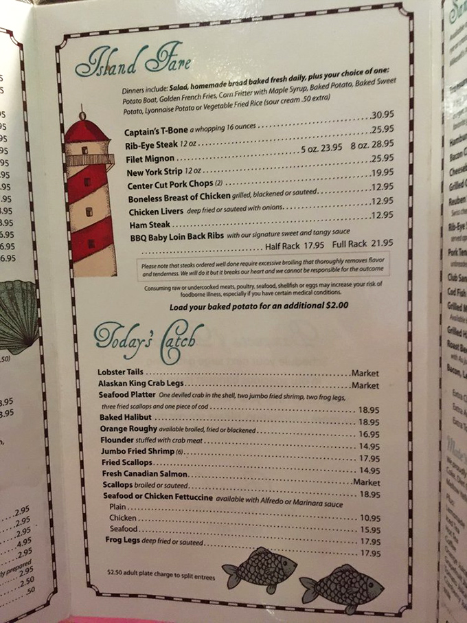 The menu reads like a love letter to classic American cuisine&mdash;where "Island Fare" means steaks and seafood, not tropical fruit and umbrella drinks.