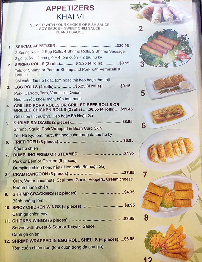 The menu reads like a passport to Vietnamese flavor. Each item promises a journey worth taking.