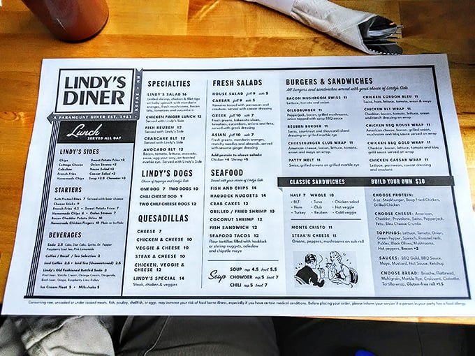 The menu at Lindy's reads like a love letter to American comfort food, with each laminated page promising delicious possibilities.