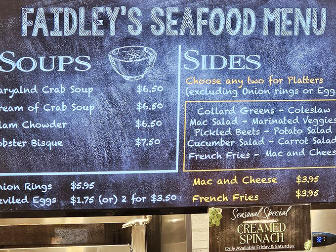 A chalkboard menu that reads like poetry to seafood lovers. Maryland crab soup and collard greens&mdash;the supporting cast to the star attraction.