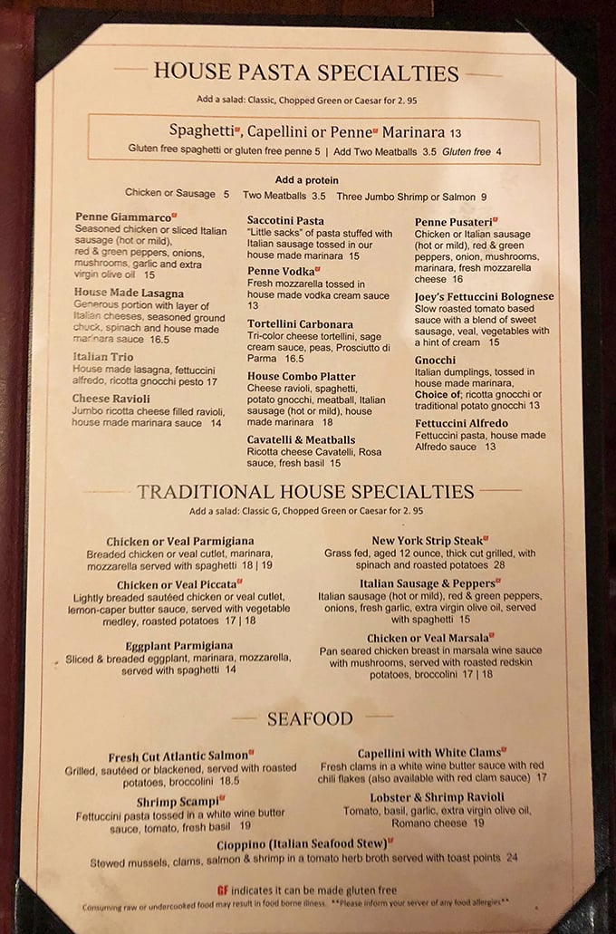 The menu reads like a love letter to Italian cuisine, featuring classics and house specialties that make decision-making the hardest part of your dining experience.