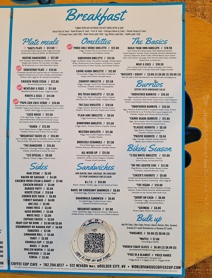 This menu isn't just a list of food—it's a roadmap to happiness. The "Bikini Season" section is delightfully ironic after ordering the Godfather Omelet.