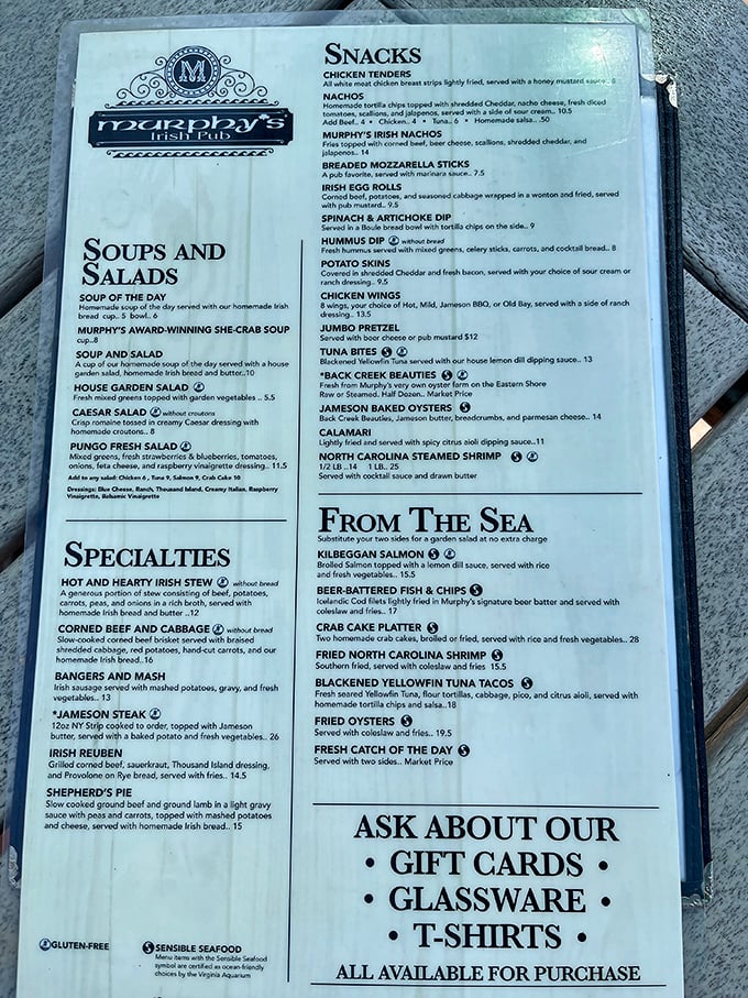 The menu reads like a love letter to Irish cuisine, with classics like Shepherd's Pie and Corned Beef sharing space with coastal Virginia seafood specialties.