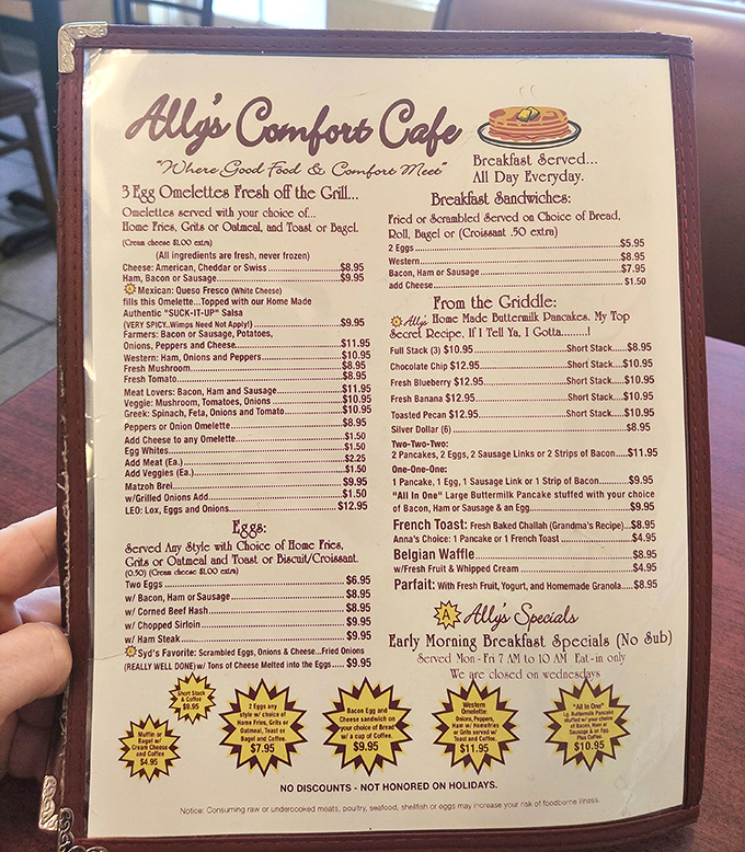 This menu isn't just a list of food&mdash;it's a roadmap to happiness. Note the "secret recipe" pancakes with their playful threat.