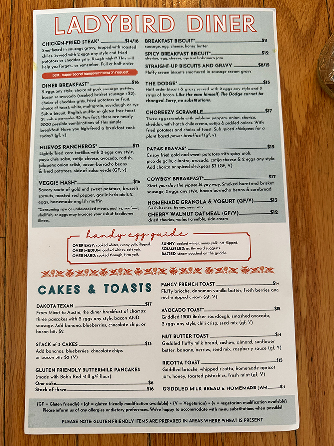 This menu isn't just a list&mdash;it's a love letter to American comfort food with clever twists. The "handy egg guide" alone deserves a Pulitzer.