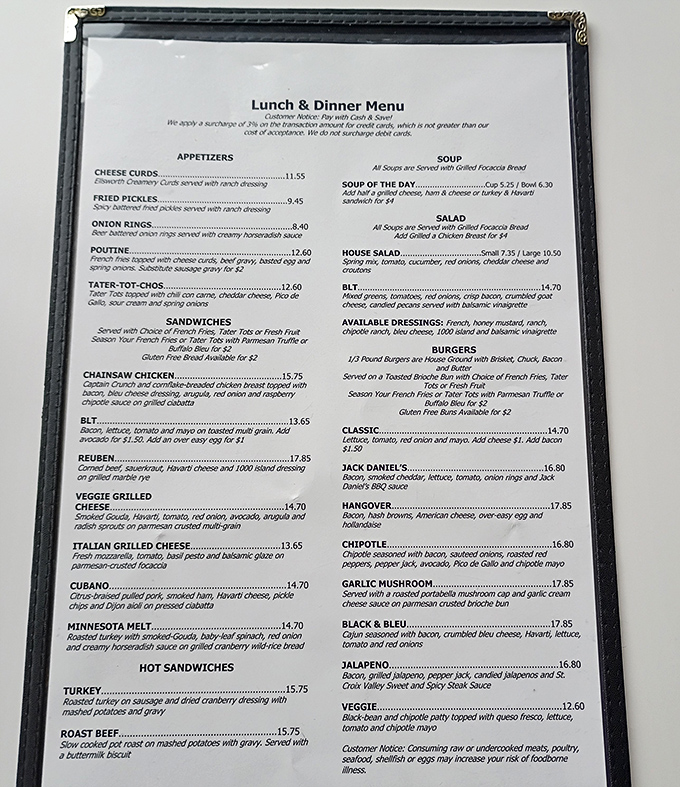 A menu that reads like a love letter to comfort food. The Chainsaw Chicken isn't just a sandwich—it's the reason some Minnesotans set their alarm clocks on Saturdays.