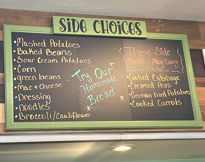 The chalkboard menu reads like a love letter to Midwestern comfort food. That "Try Our Homemade Bread" isn't a suggestion&mdash;it's salvation.