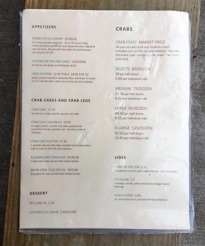 A menu that reads like poetry to seafood enthusiasts. From select to X-large crabs, this is the roadmap to Maryland culinary bliss.