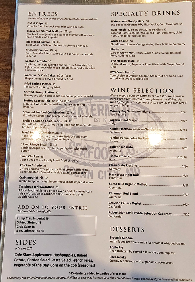 This menu isn't just a list of options&mdash;it's a treasure map to seafood nirvana. The Crab Imperial alone is worth the pilgrimage.