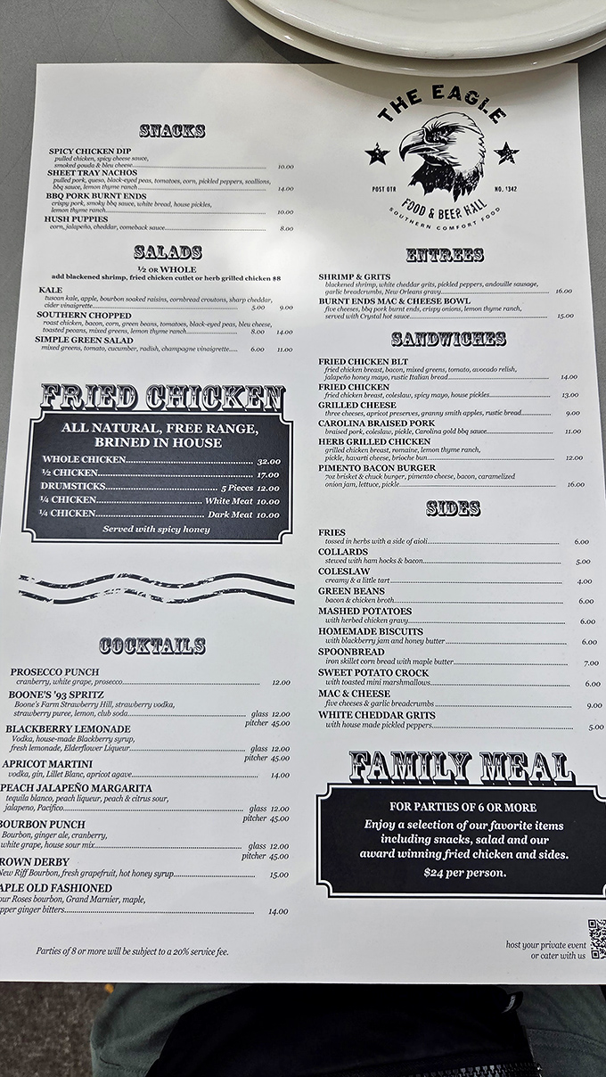 A menu that gets straight to the point: exceptional fried chicken and southern comfort classics. No fancy descriptions needed when the food speaks this loudly.