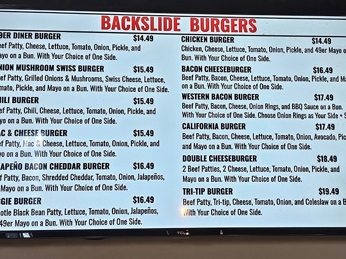 The "Backslide Burgers" menu reads like a love letter to American appetite &ndash; each option more tempting than the last.