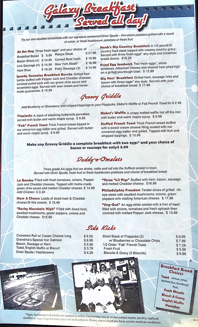 The menu reads like a love letter to American classics. "Galaxy Breakfast Served all day!" might be the three most beautiful words in the English language.