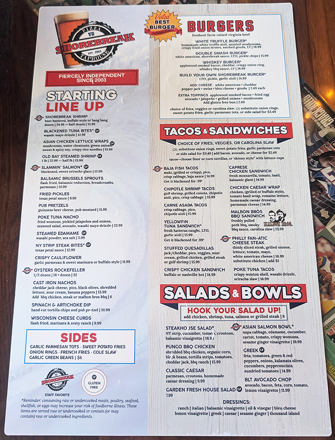 A menu that reads like a love letter to comfort food. From Wisconsin Cheese Curds to Poke Tuna Tacos, decision paralysis has never been so delicious.