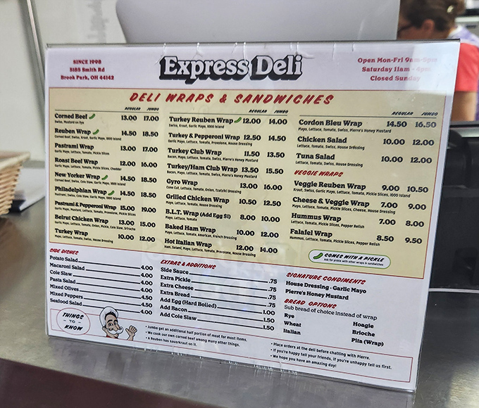 A menu board that reads like poetry to the hungry. Each line promises a different path to satisfaction, with the Reuben as the headliner.