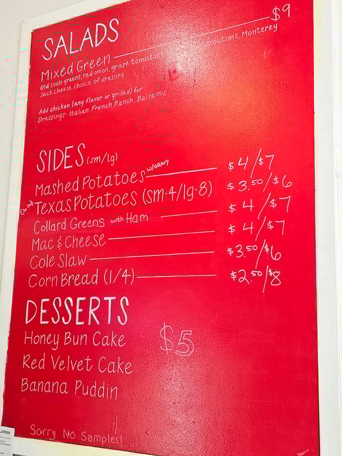 A menu that cuts right to the chase&mdash;no fancy descriptions needed when the food speaks for itself. Those red boards hold the roadmap to your chicken happiness.