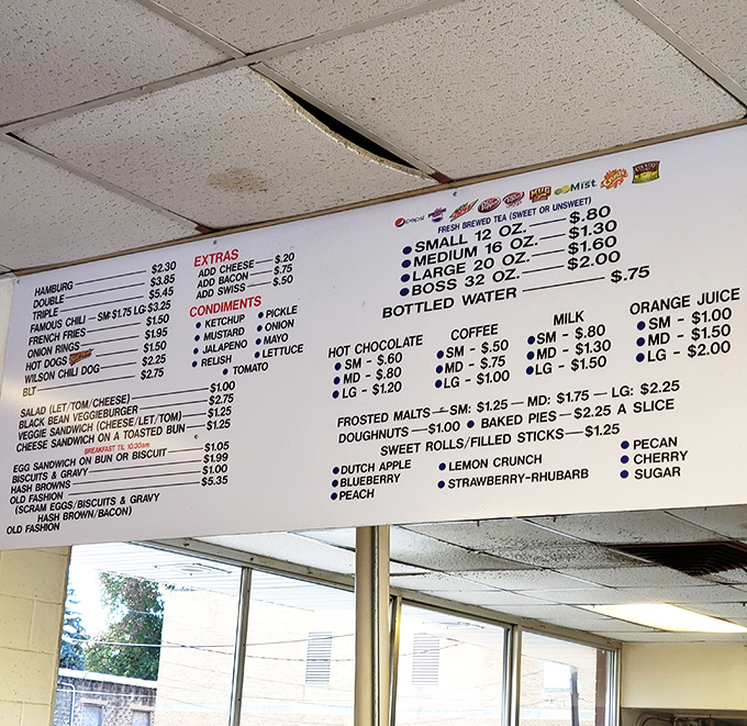 A menu board that hasn't changed in decades because when you've perfected something, why mess with success?