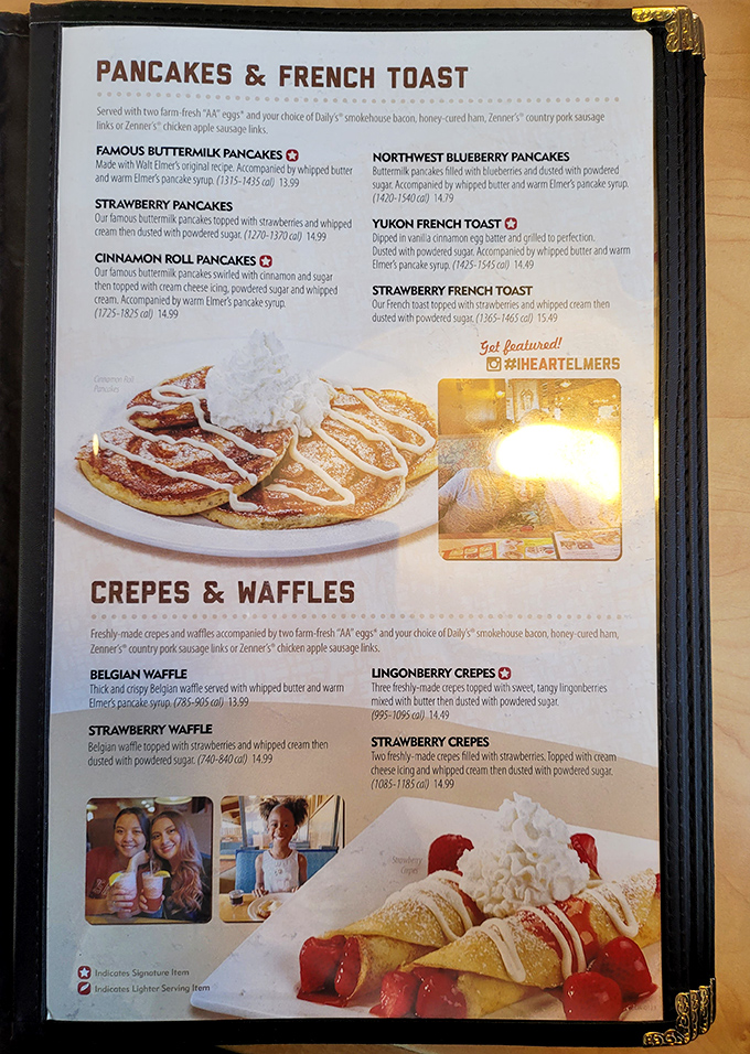 The menu reads like a love letter to breakfast classics, with signature items marked by hearts&mdash;because some pancakes deserve special affection.