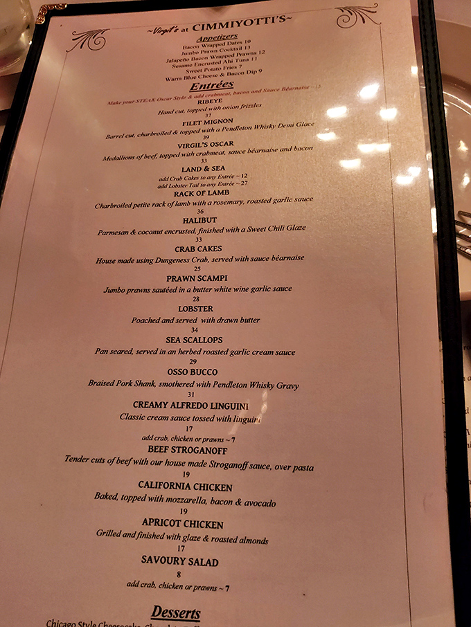 This menu isn't just a list of options—it's a love letter to carnivores with promises of ribeye, filet mignon, and the legendary Virgil's Oscar.