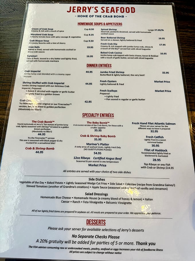 The menu reads like a love letter to Maryland's seafood heritage. Notice how "The Crab Bomb" gets its own special billing&mdash;this isn't seafood hubris, it's justified confidence.