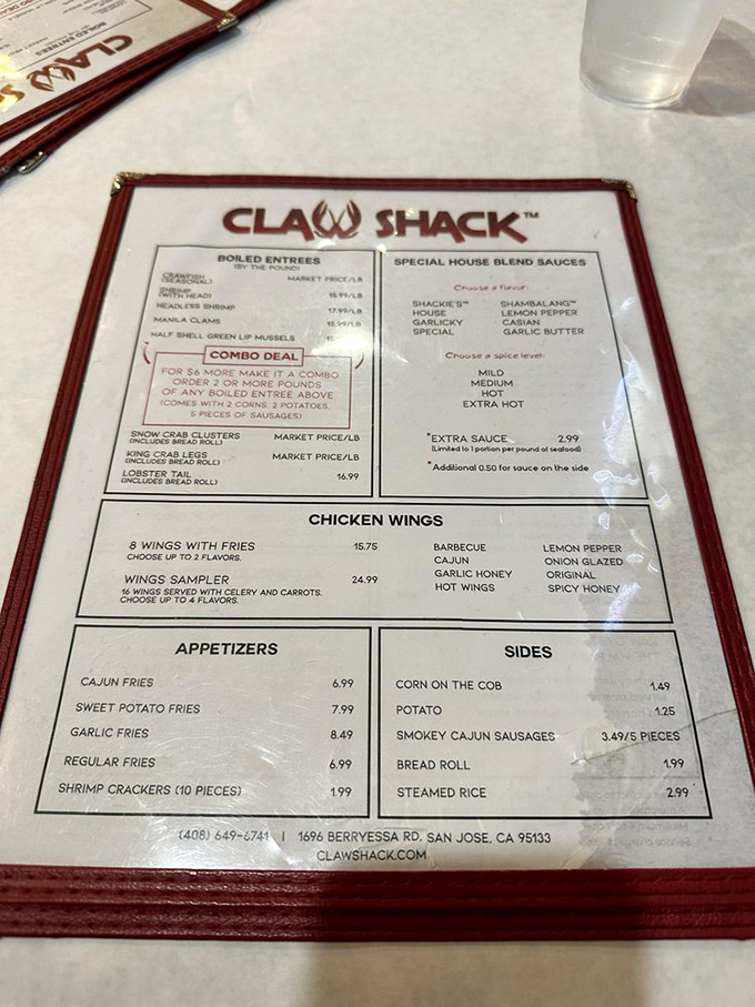 The menu reads like a love letter to seafood enthusiasts &ndash; boiled entr&eacute;es, special house sauces, and the promise of delicious decisions ahead.