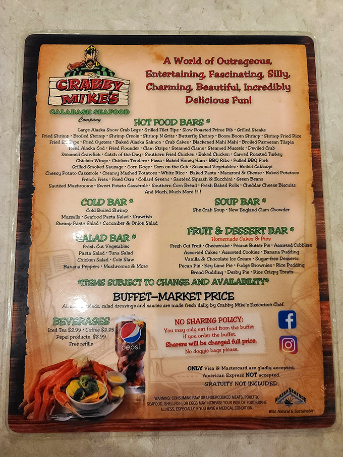 The holy scripture of seafood abundance. This menu doesn't just list food—it maps out your strategy for the ultimate buffet conquest.