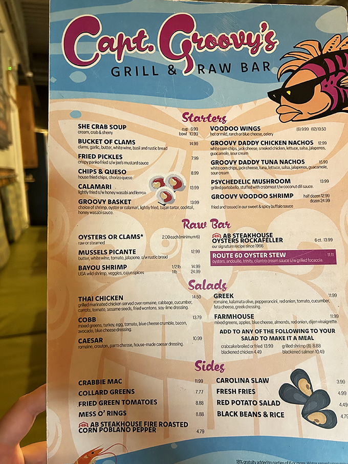 The menu reads like a love letter to seafood enthusiasts &ndash; that cartoon fish with sunglasses knows you're about to make some excellent decisions.