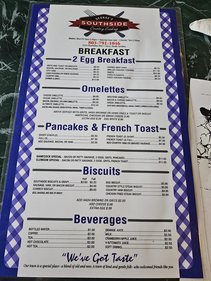 This blue-checkered menu isn't just a list of options&mdash;it's a roadmap to breakfast paradise with all the Southern classics.