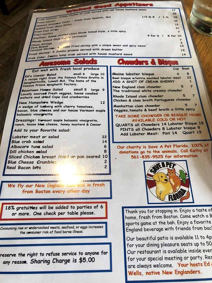 This menu reads like a love letter to New England seafood traditions, with chowders and bisques taking center stage in this delicious maritime drama.