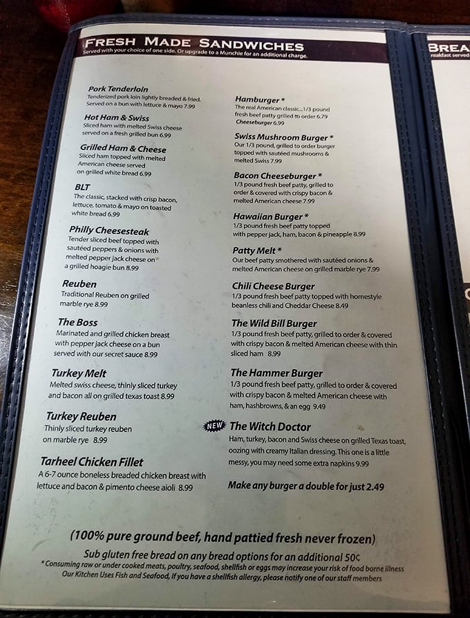 This menu reads like a love letter to American classics. No pretentious descriptions needed when the food speaks for itself.