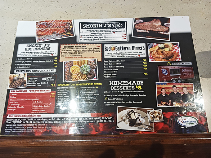 A menu that doesn't mess around—straightforward BBQ greatness with options for every carnivore's fantasy. Decision paralysis has never been so delicious.