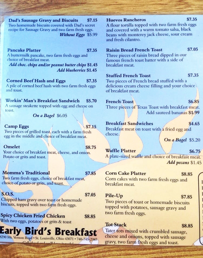 This menu isn't just a list of options&mdash;it's a roadmap to breakfast nirvana, with "Dad's Sausage Gravy and Biscuits" leading the expedition.