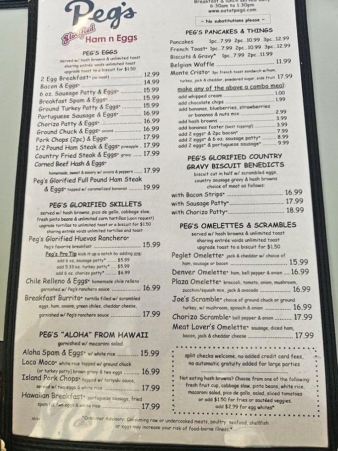 This menu reads like a love letter to comfort food, promising breakfast adventures ahead.