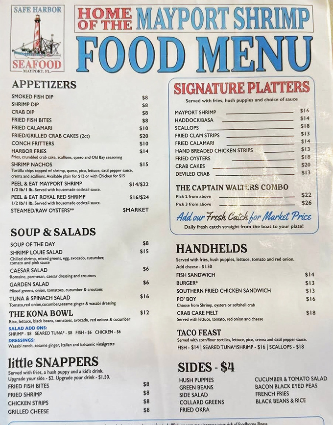 The menu reads like a love letter to Florida's waters. "Home of the Mayport Shrimp" isn't marketing&mdash;it's geography and pride on a plate.