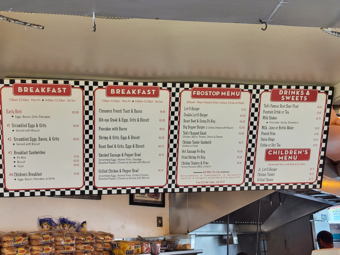 The menu board tells you everything you need to know: breakfast all day, burgers done right, and root beer that demands a frosted mug.