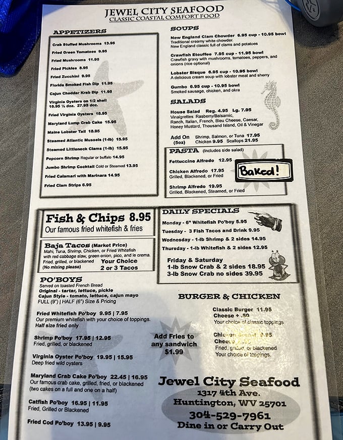 This menu isn't just a list&mdash;it's a maritime adventure waiting to happen. From po'boys to snow crab, it's a roadmap to seafood bliss.
