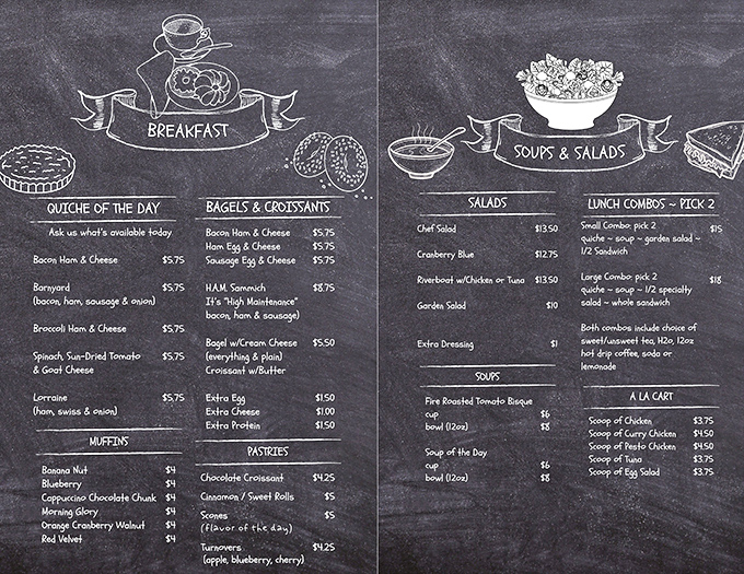 A chalkboard menu that reads like poetry to the hungry&mdash;quiche, bagels, and muffins, oh my!
